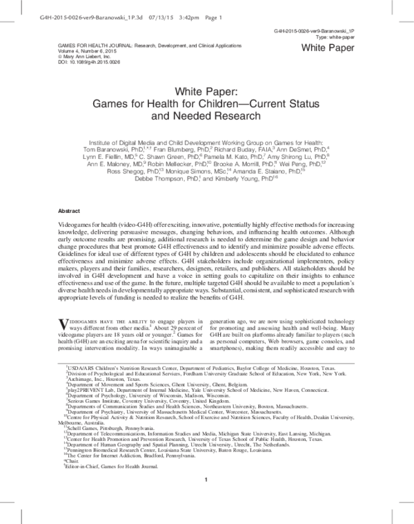 (PDF) White Paper: Games for Health for Children—Current Status and ...
