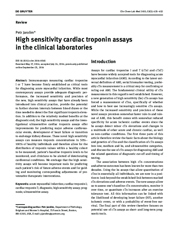 (PDF) High sensitivity cardiac troponin assays in the clinical laboratories | Petr Jarolim ...