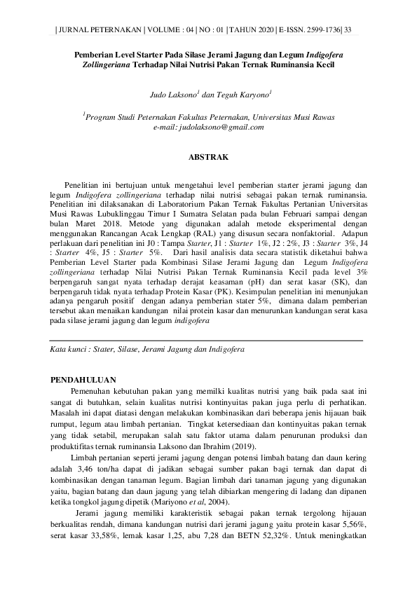 (PDF) Pemberian Level Starter Pada Silase Jerami Jagung dan Legum Indigofera Zollingeriana ...
