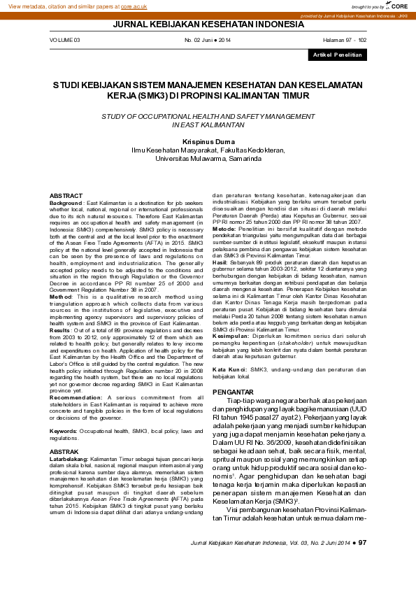 (PDF) Studi Kebijakan Sistem Manajemen Kesehatan dan Keselamatan Kerja ...
