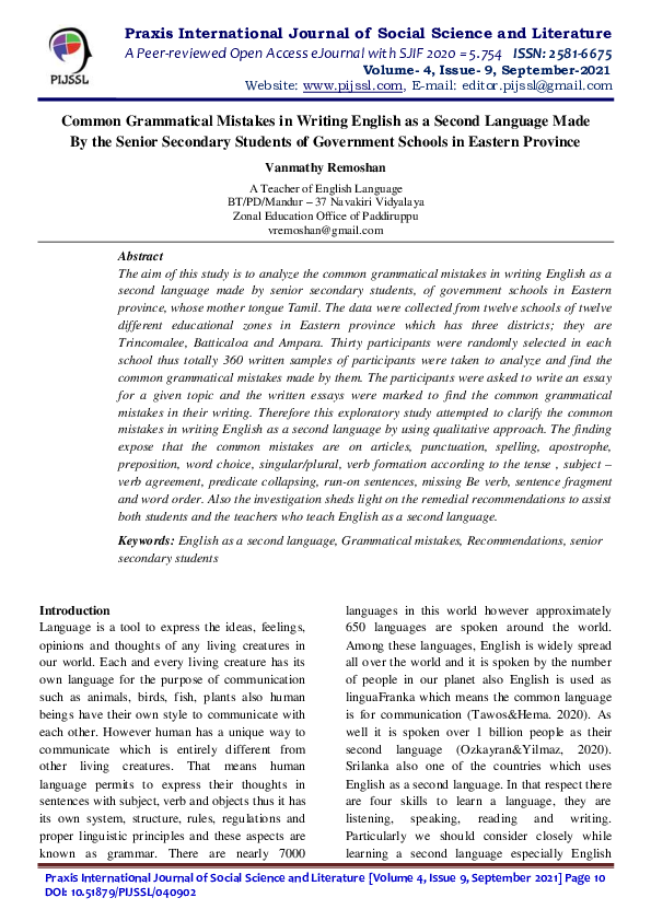(PDF) Common Grammatical Mistakes in Writing English as a Second Language Made By the Senior ...