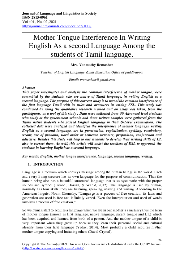 (PDF) Mother Tongue Interference In Writing English As a second ...