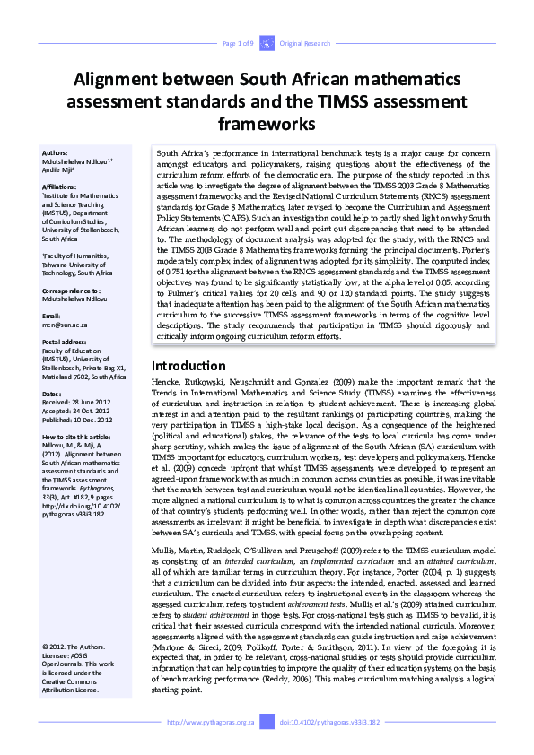 (PDF) Alignment between South African mathematics assessment standards ...