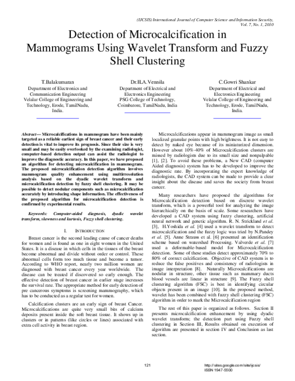Pdf Detection Of Microcalcification In Mammograms Using Wavelet Transform And Fuzzy Shell