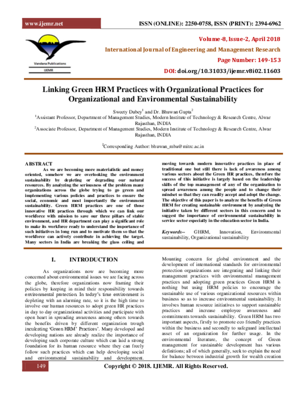 (PDF) Linking Green HRM Practices with Organizational Practices for Organizational and ...