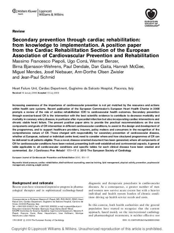 (PDF) Secondary prevention through cardiac rehabilitation: from ...