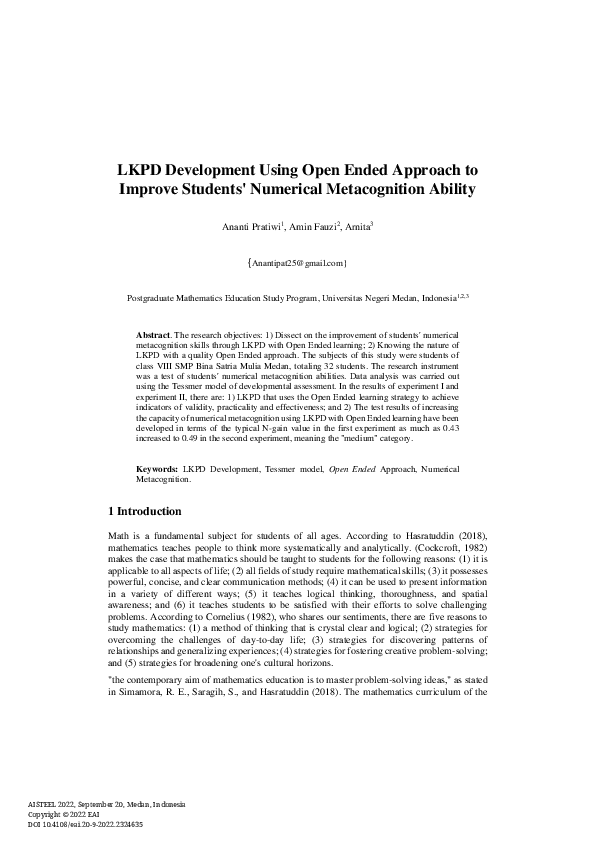 (PDF) LKPD Development Using Open Ended Approach to Improve Students' Numerical Metacognition ...