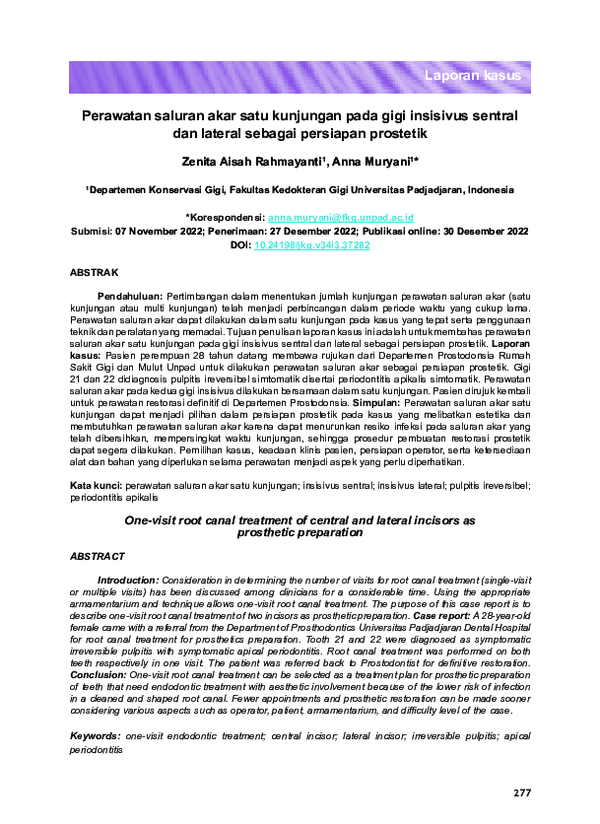 (PDF) Perawatan endodontik satu kunjungan pada gigi insisivus sentral dan lateral sebagai ...