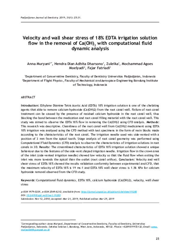 (PDF) Velocity and wall shear stress of 18% EDTA irrigation solution flow in the removal of Ca ...