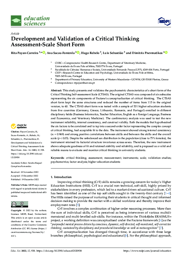 (PDF) Development and Validation of a Critical Thinking Assessment-Scale Short Form