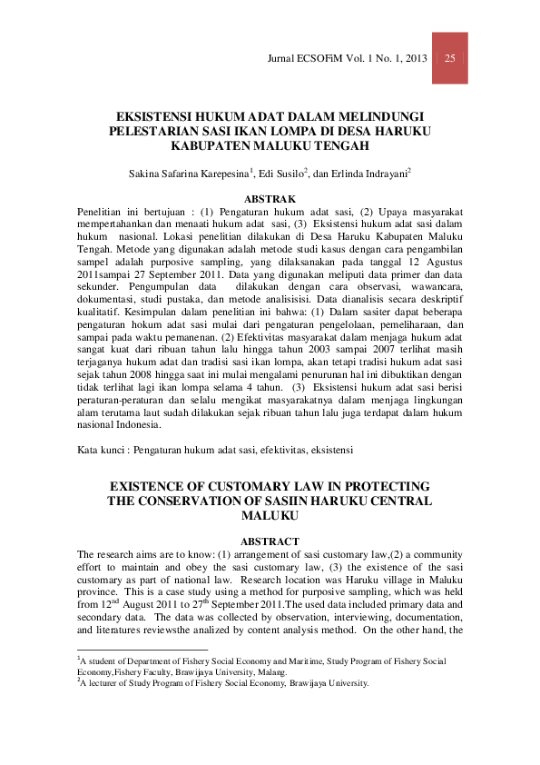 (PDF) Eksistensi Hukum Adat Dalam Melindungi Pelestarian Sasi Ikan Lompa DI Desa Haruku ...