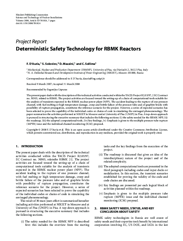 (PDF) Deterministic Safety Technology for RBMK Reactors | Davide Mazzini - Academia.edu
