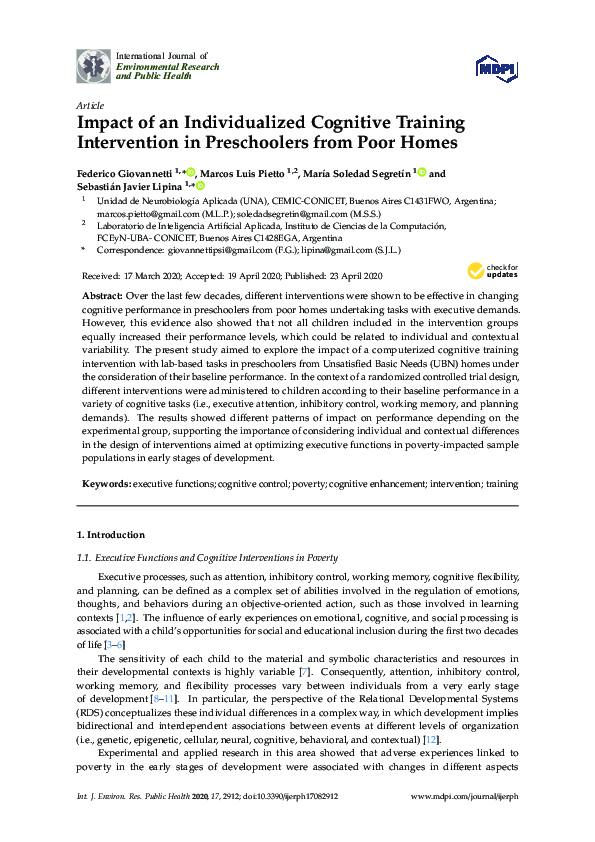 (PDF) Impact of an Individualized Cognitive Training Intervention in Preschoolers from Poor Homes