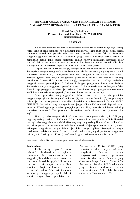 (PDF) Pengembangan Bahan Ajar Fisika Dasar I Berbasis Spreadsheet Dengan Pendekatan Analitik Dan ...