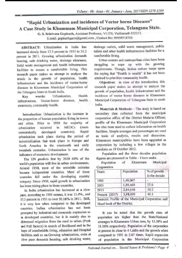 (PDF) Rapid urbanization and incident of vector borne disease in khammam