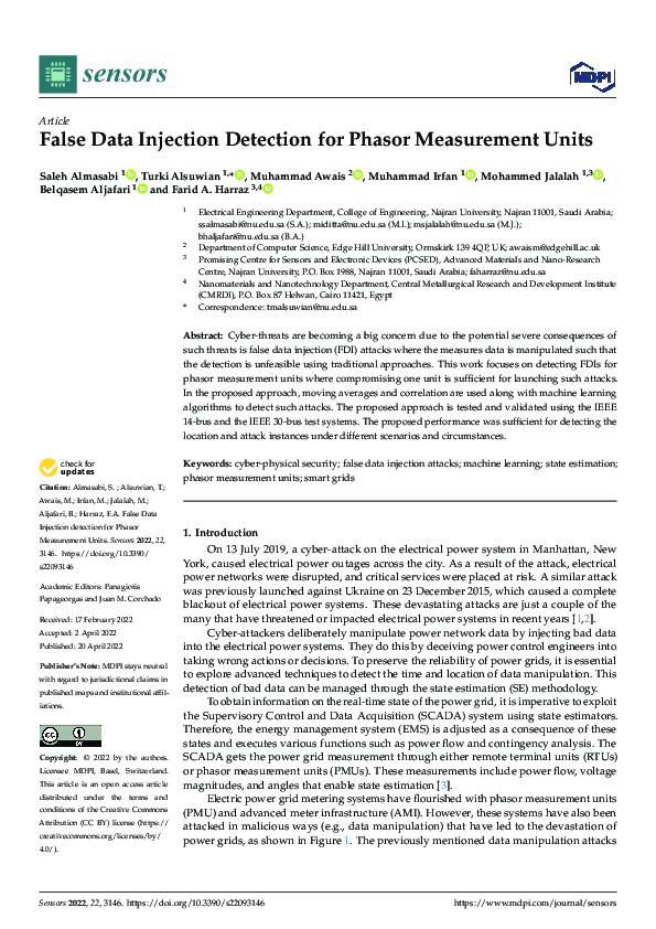 Pdf False Data Injection Detection For Phasor Measurement Units