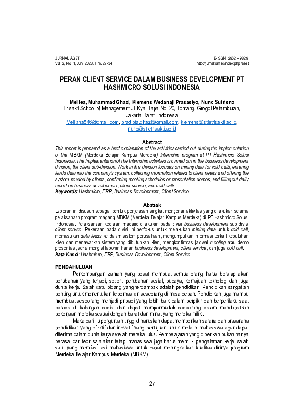 (PDF) Peran Client Service dalam Business Development PT. Hashmicro ...