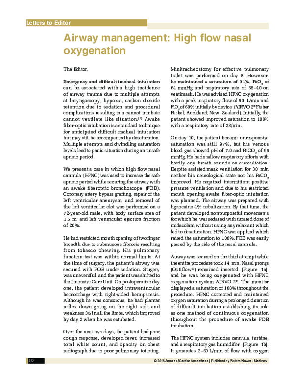 (PDF) Airway management: High flow nasal oxygenation