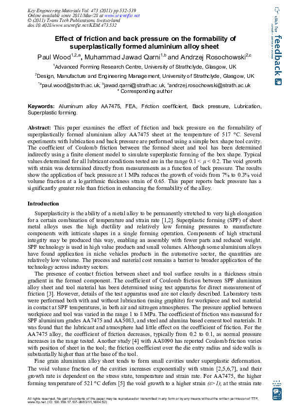 (PDF) Effect of Friction and Back Pressure on the Formability of Superplastically Formed ...