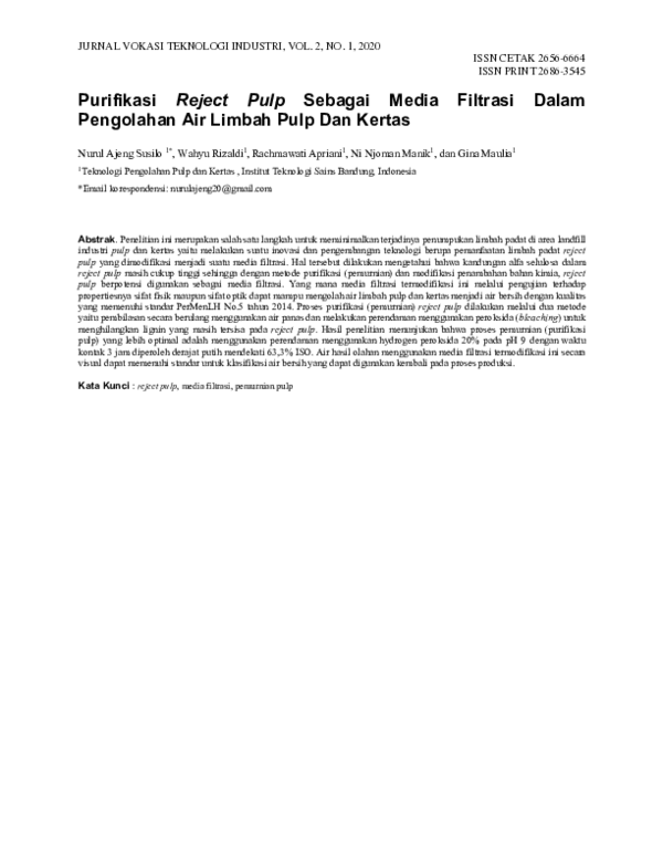 (PDF) Purifikasi Reject Pulp Sebagai Media Filtrasi Dalam Pengolahan ...