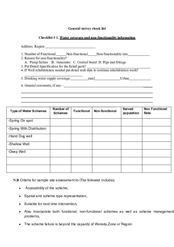 (DOC) General survey check list Checklist # 1. Water coverage and non ...