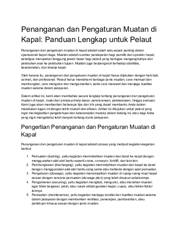(PDF) Penanganan dan Pengaturan Muatan di Kapal: Panduan Lengkap untuk ...