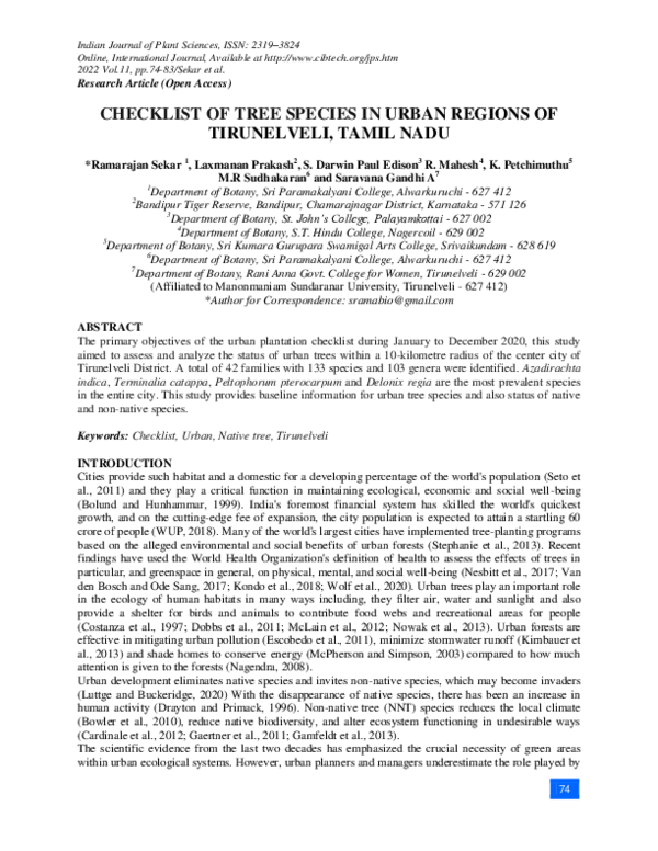 (PDF) CHECKLIST OF TREE SPECIES IN URBAN REGIONS OF TIRUNELVELI, TAMIL NADU