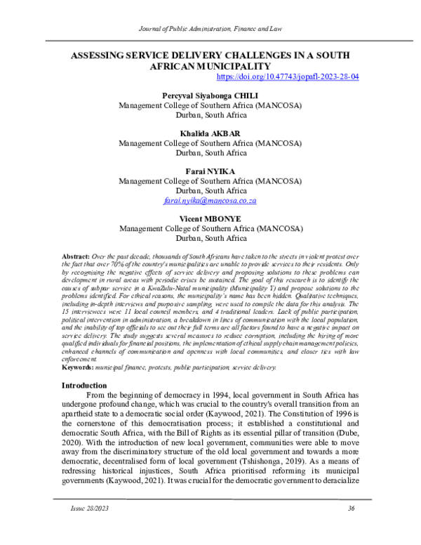 (PDF) ASSESSING SERVICE DELIVERY CHALLENGES IN A SOUTH AFRICAN MUNICIPALITY