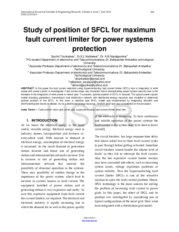 (PDF) Study of position of SFCL for maximum fault current limiter for ...