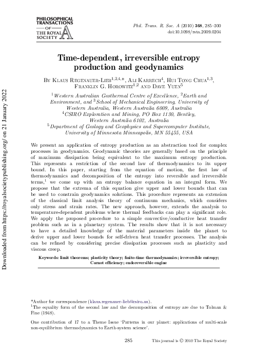 (PDF) Time-dependent, irreversible entropy production and geodynamics