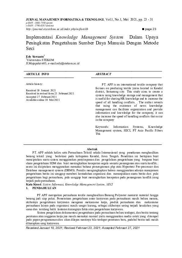 (PDF) Implementasi Knowledge Management System Dalam Upaya Peningkatan ...