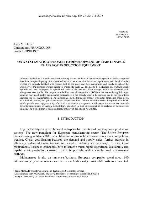 (PDF) On a systematic approach to development of maintenance plans for ...
