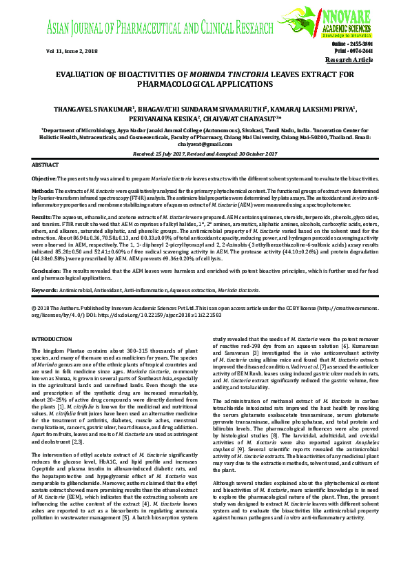 (PDF) Evaluation of Bioactivities of Morinda Tinctoria Leaves Extract for Pharmacological ...