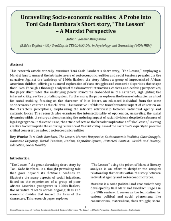 (PDF) A probe into Toni Cade Bambara’s Short story, “The Lesson” – A ...