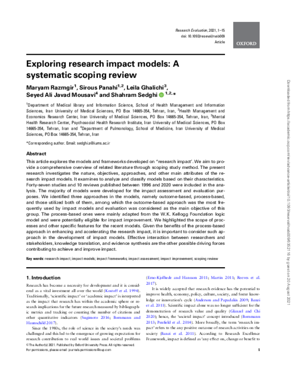 (PDF) Exploring research impact models: A systematic scoping review
