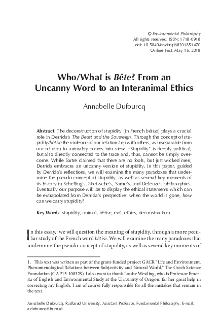 (PDF) Who/What is Bête? From an Uncanny Word to an Interanimal Ethics