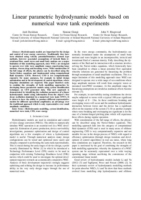 Pdf Linear Parametric Hydrodynamic Models Based Onnumerical Wave Tank