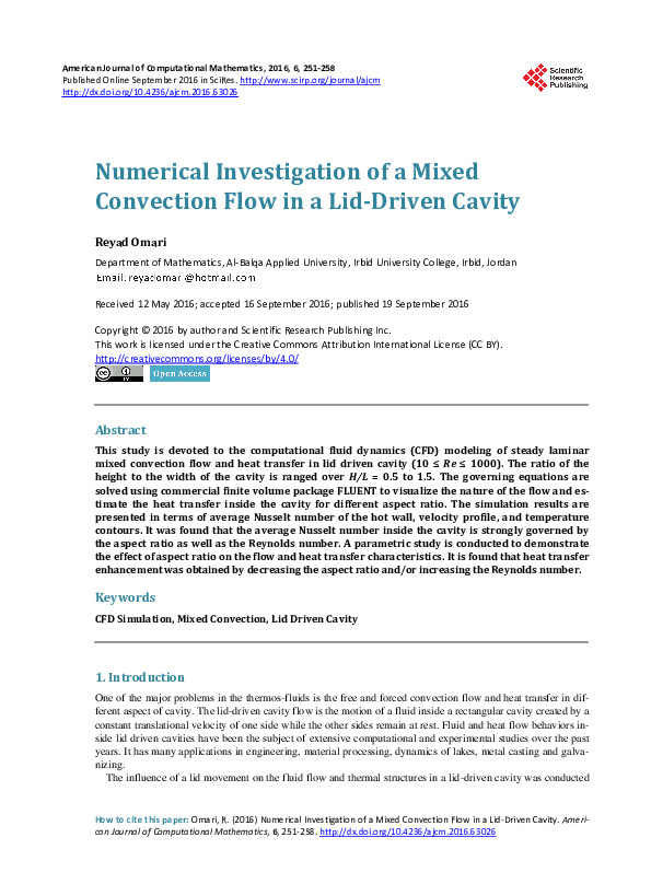 Pdf Numerical Investigation Of A Mixed Convection Flow In A Lid Driven Cavity