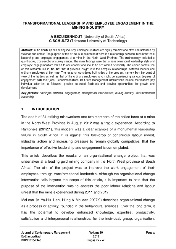 (PDF) Transformational leadership and employee engagement in the mining industry