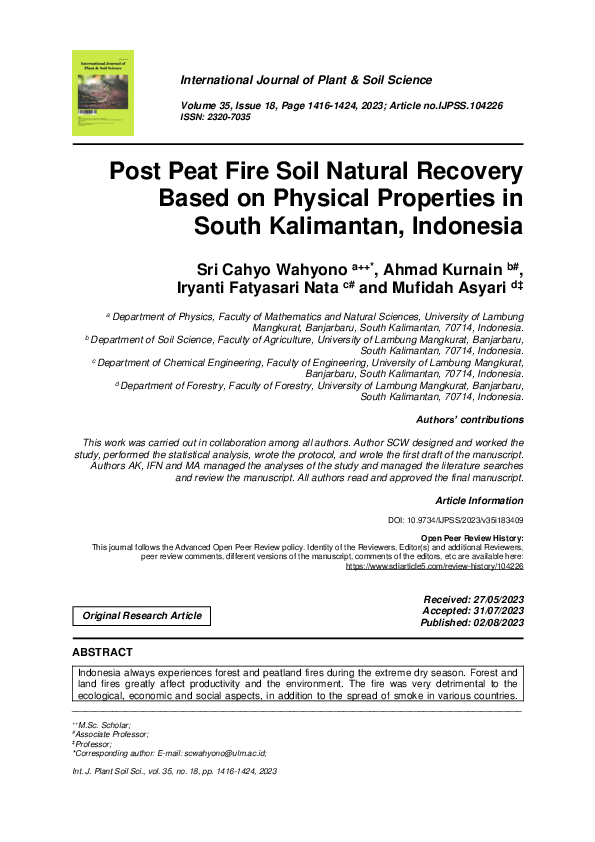 (PDF) Post Peat Fire Soil Natural Recovery Based on Physical Properties ...