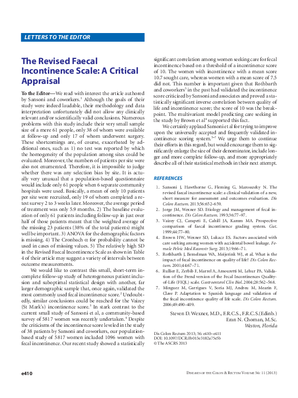 (PDF) The Revised Faecal Incontinence Scale