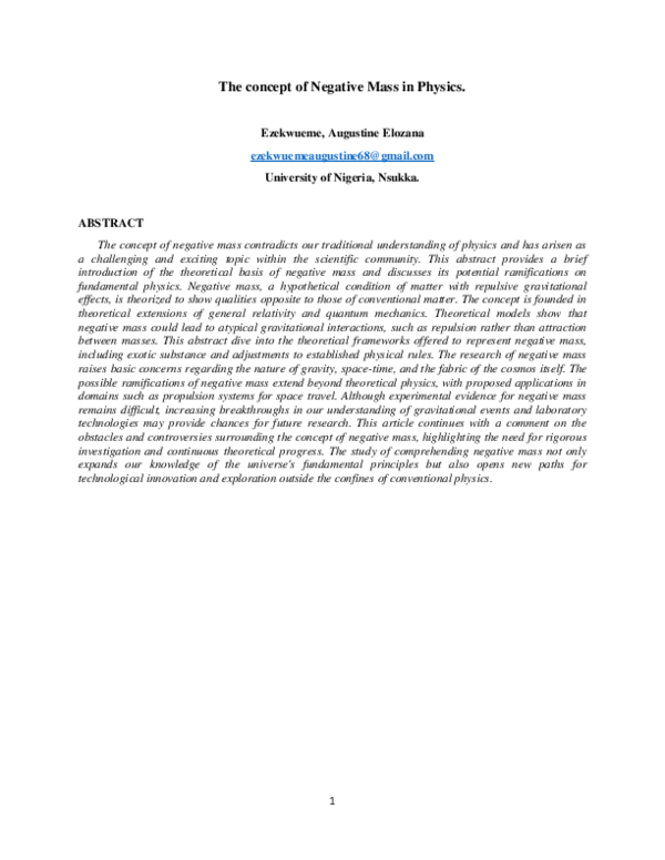 (PDF) The concept of Negative Mass in Physics