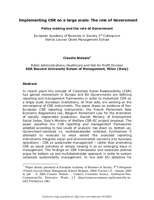 (PDF) Implementing CSR on a Large Scale: The Role of Government