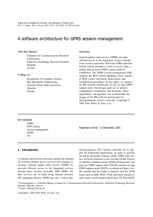 (PDF) A software architecture for GPRS session management