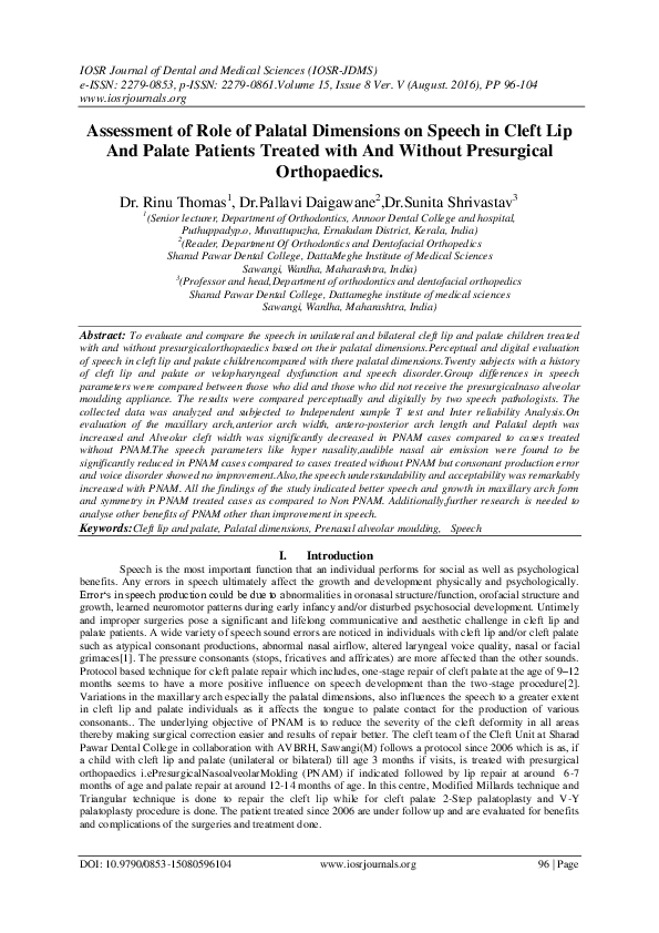 (PDF) Assessment of Role of Palatal Dimensions on Speech in Cleft Lip ...