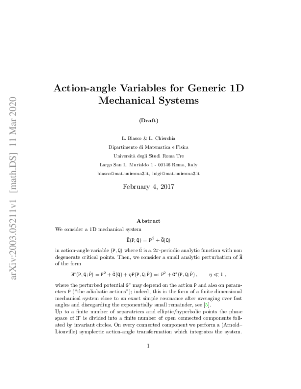 (PDF) Action-angle Variables for Generic 1D Mechanical Systems