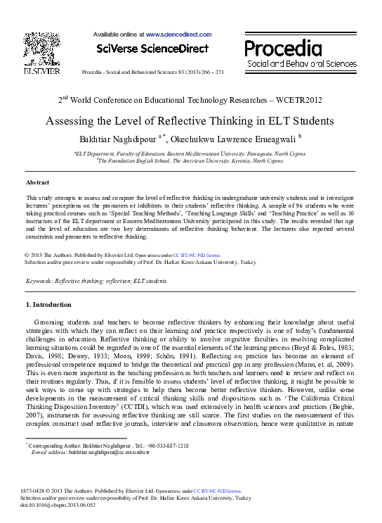 (PDF) Assessing the Level of Reflective Thinking in ELT Students