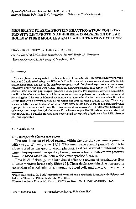 (PDF) Membrane plasma protein fractionation for low-density lipoprotein apheresis: comparison of ...