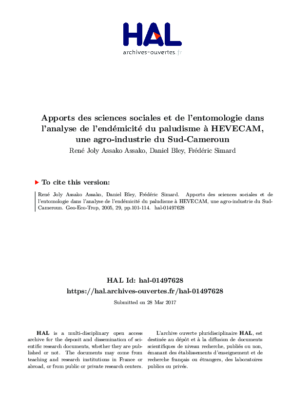 (PDF) Apports des sciences sociales et de l'entomologie dans l'analyse de l'endémicité du ...