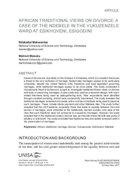 (PDF) African Traditional Views on Divorce: A Case of the Ndebele in ...